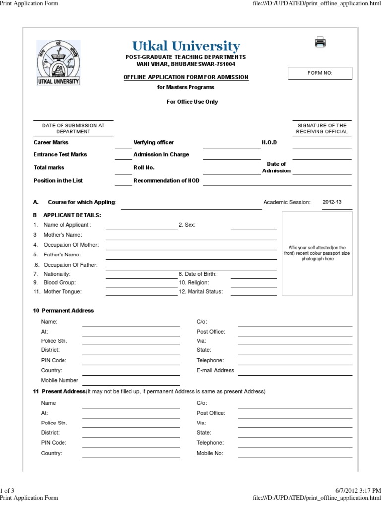 Utkal University: Form No | PDF | Government | Test/Examination