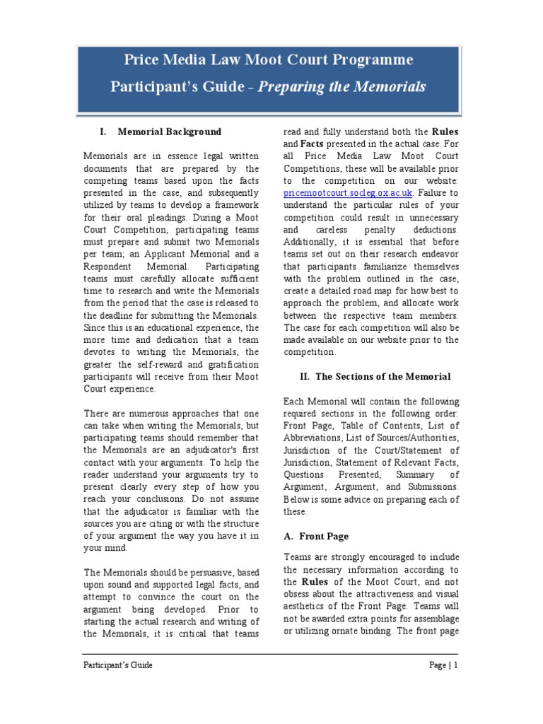 Participant's Moot Guide - Memorials | PDF | Argument | Citation