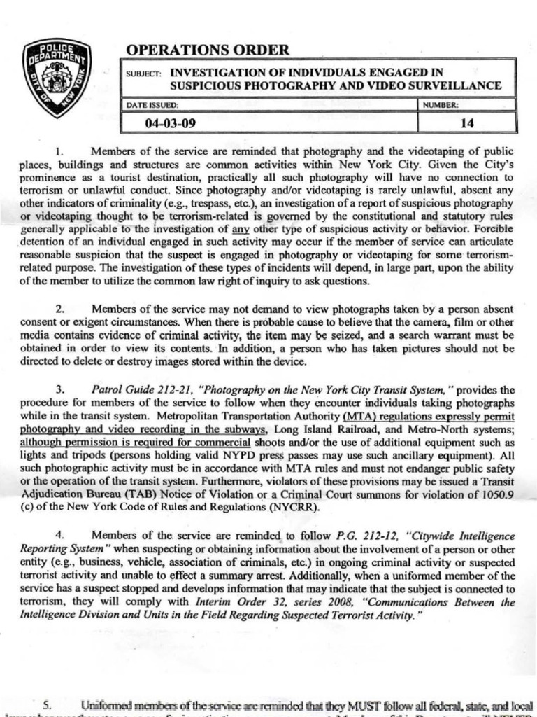 NYPD Operations Order 14 | PDF | Closed Circuit Television | Probable Cause