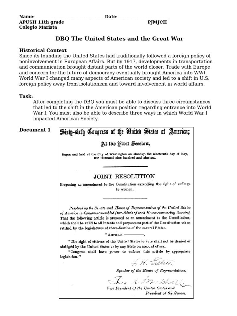 DBQ the United States in the Great War 26 | PDF
