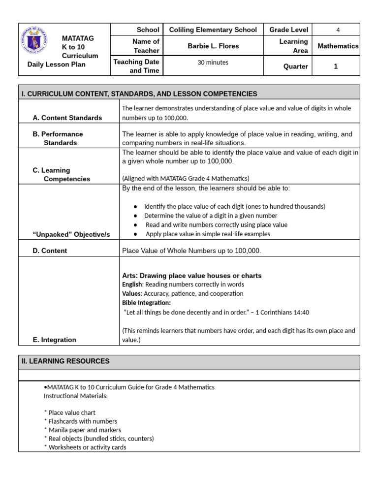 Flores Barbie l. Math Dlp Template (1) | PDF | Learning | Curriculum