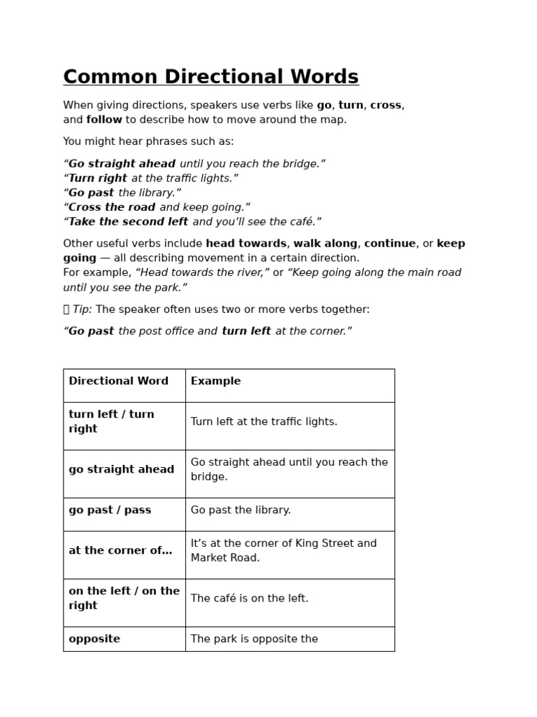 Common Directional Words | PDF | Grammar | Syntax