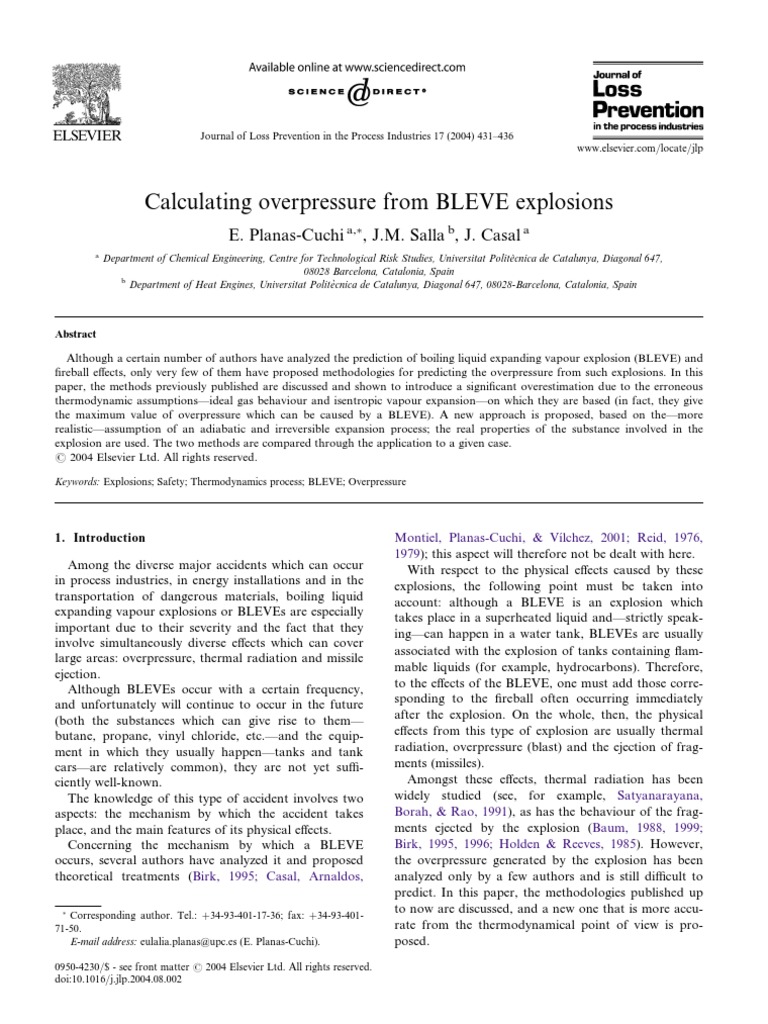eArt-Calculating Overpressure From BLEVE Explosions | PDF | Explosion | Temperature