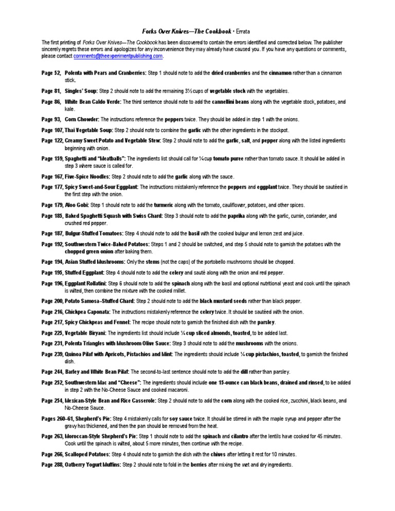 Forks Over Knives - The Cookbook - Errata | PDF | Tomato Sauce | Eggplant