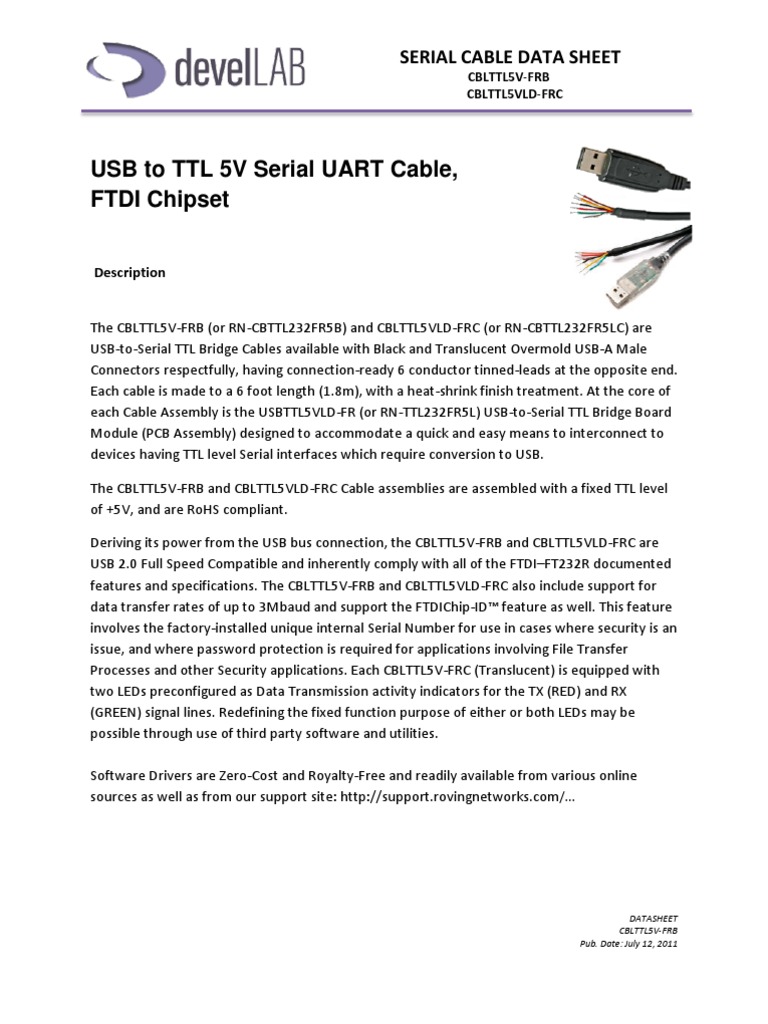 develLAB Datasheet Cable FTDI USB to Serial TTL 5V | Usb | Cable