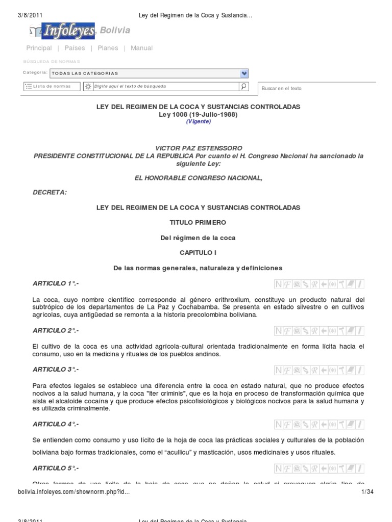 Ley 1008: Régimen de la Coca en Bolivia | PDF | Cocaína | Policía