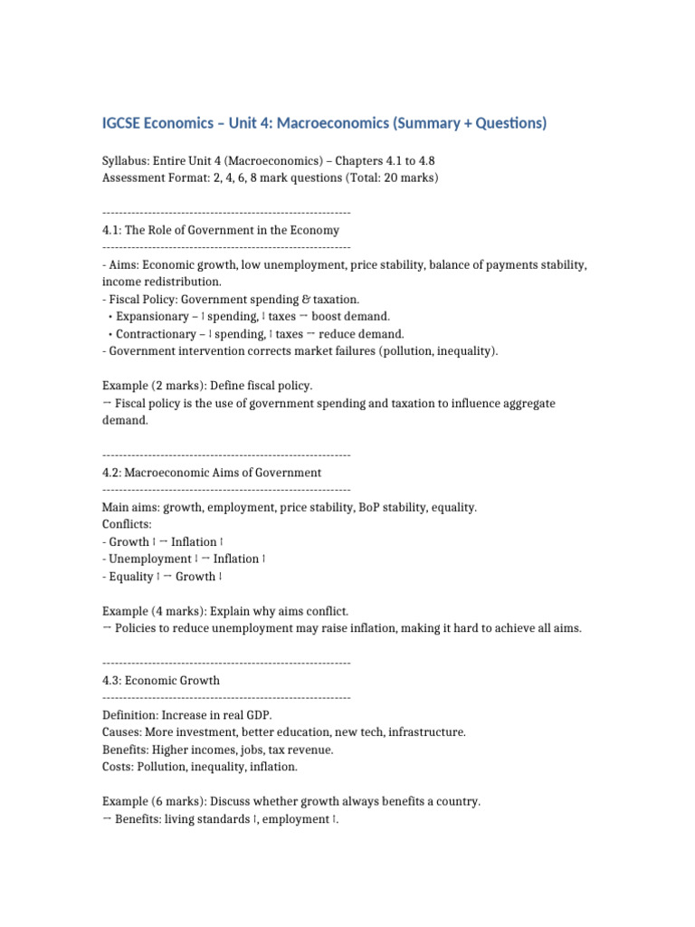 IGCSE Economics Unit4 Summary | PDF | Fiscal Policy | Inflation