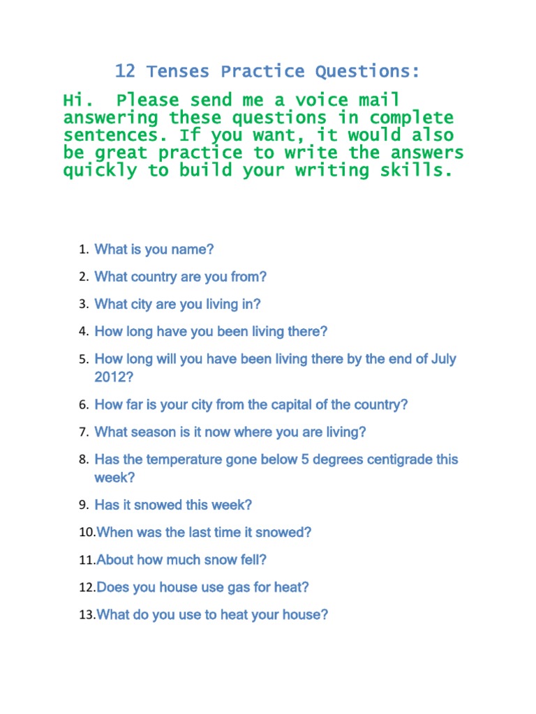 12 Tenses Practice Questions for ESL | PDF | Language Arts & Discipline ...