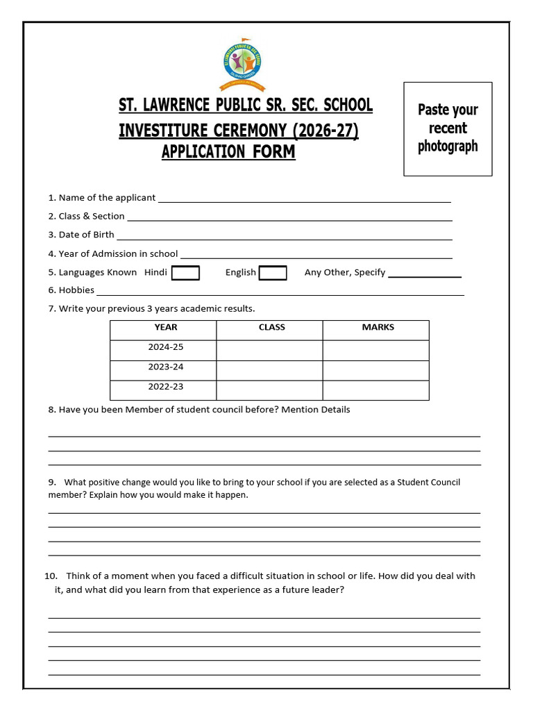 Student Council Application Form 2026-27 | PDF