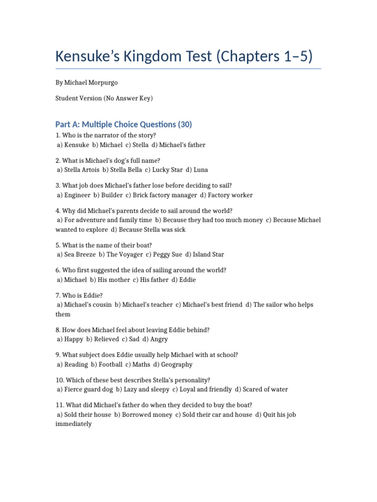 Kensukes Kingdom Test Student | PDF