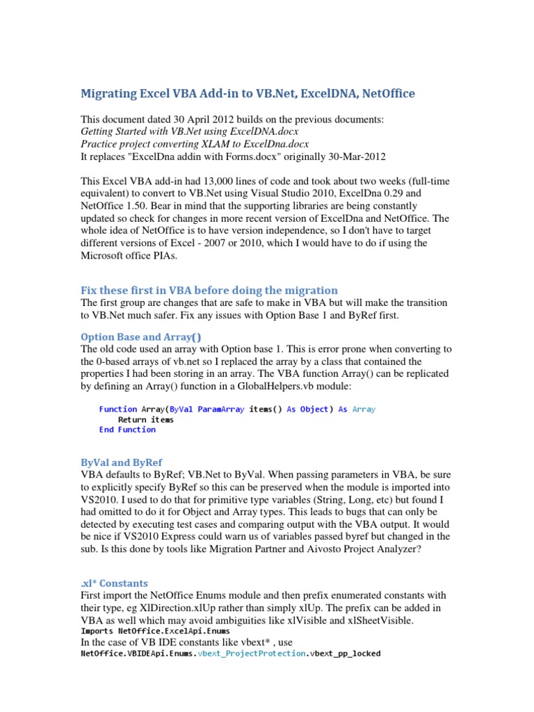Migrating Excel VBA Add-In To VB - Net, ExcelDNA, NetOffice | PDF | Visual Basic For ...
