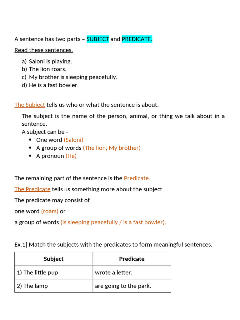 English Grammar - Subject and Predicate | PDF