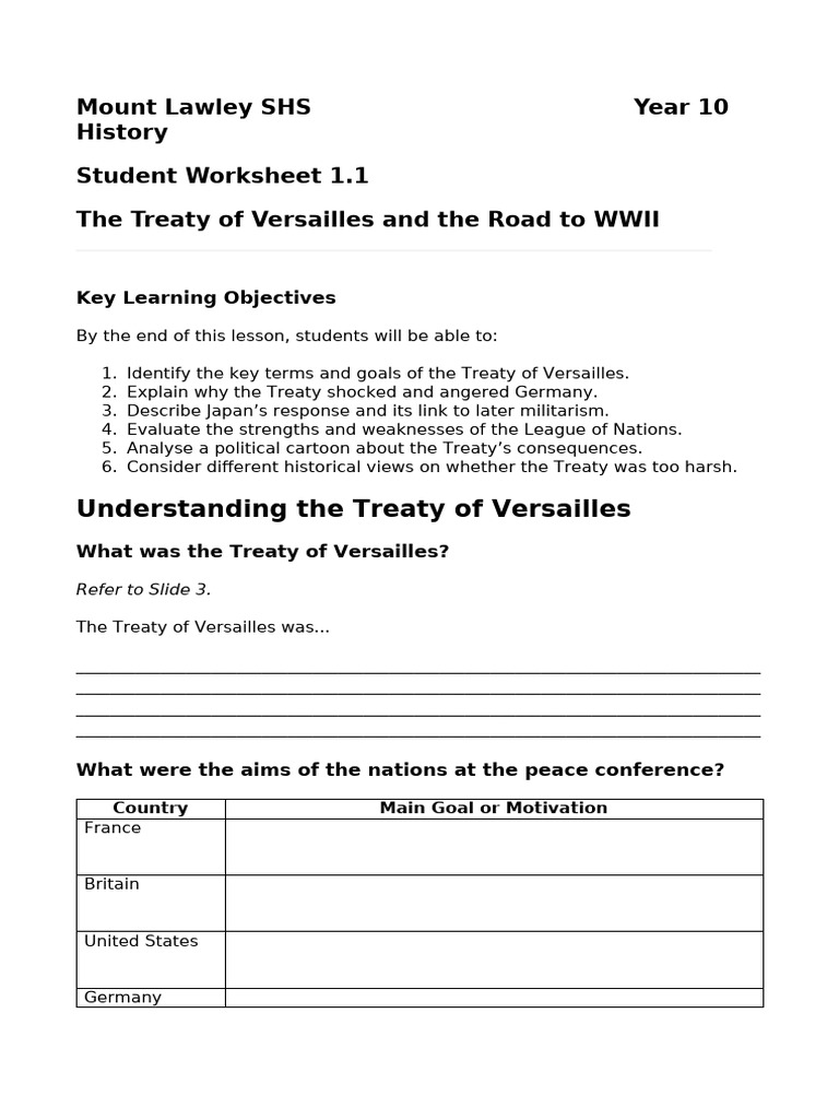 1.1 - WWII and the Treaty of Versailles Student Worksheet | PDF