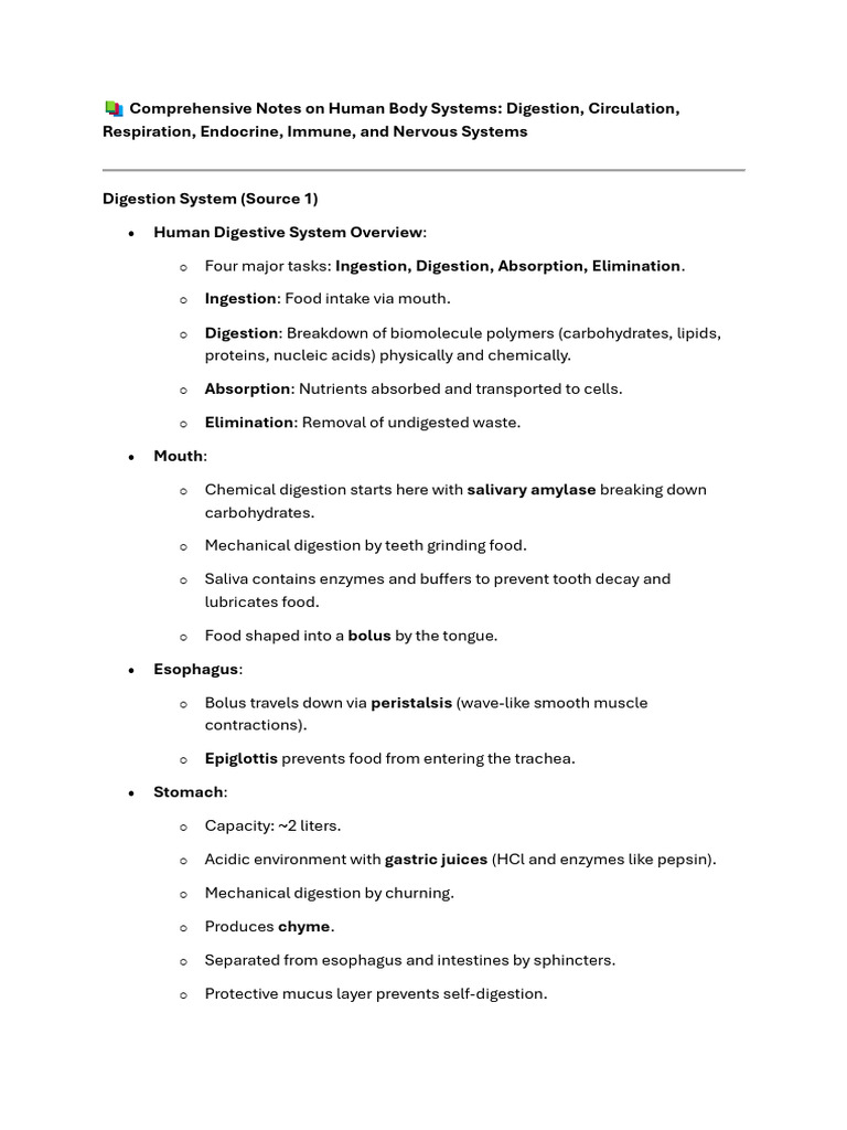 ? Comprehensive Notes on Human Body Systems | PDF | Digestion | Homeostasis