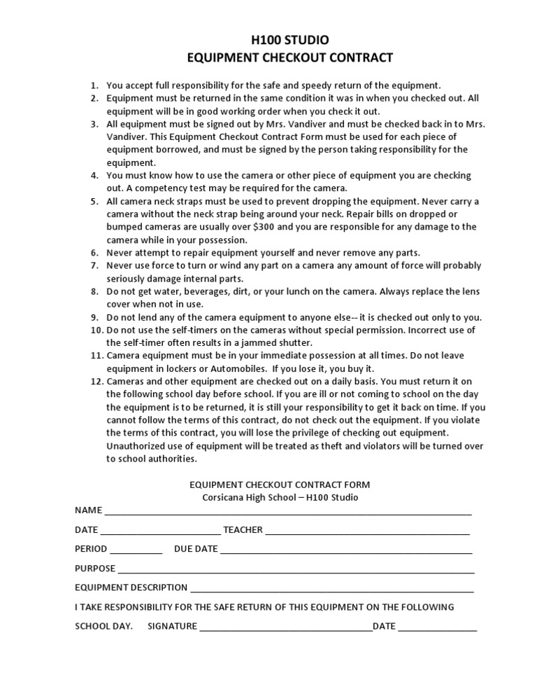 Equipment Checkout Contract | PDF | Camera | Photography Equipment