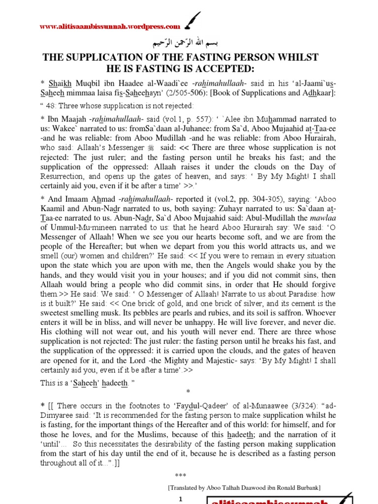 The Supplication of The Fasting Person Whilst He Is Fasting Accepted ...