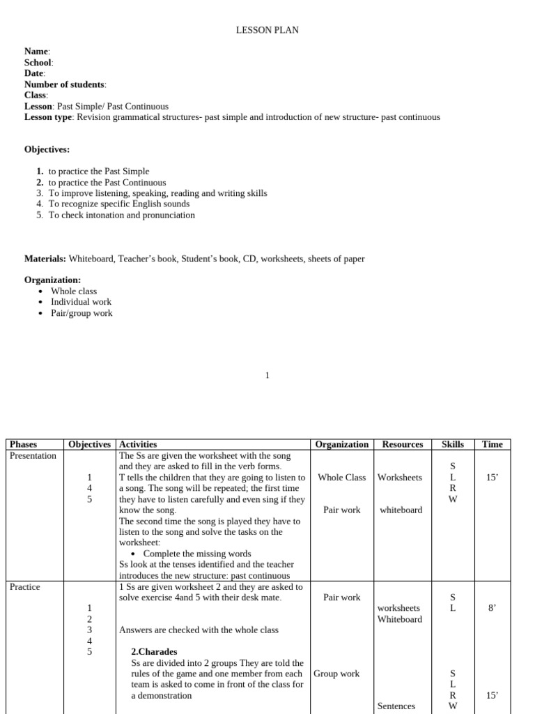 Lesson Plan Past Simple Past Continuous | PDF