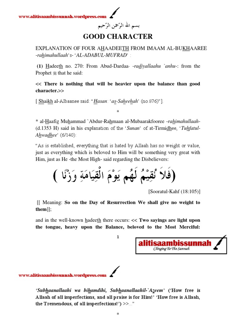 Good Character: (1) Hadeeth No. 270: From Abud-Dardaa - Radiyallaahu ...