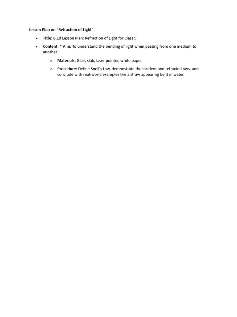 Lesson Plan on Refraction of Light | PDF
