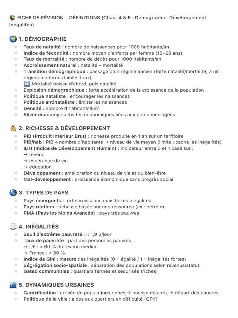 ? FICHE DE RÉVISION – DÉFINITIONS (Chap. 4 & 5 - Démographie ...