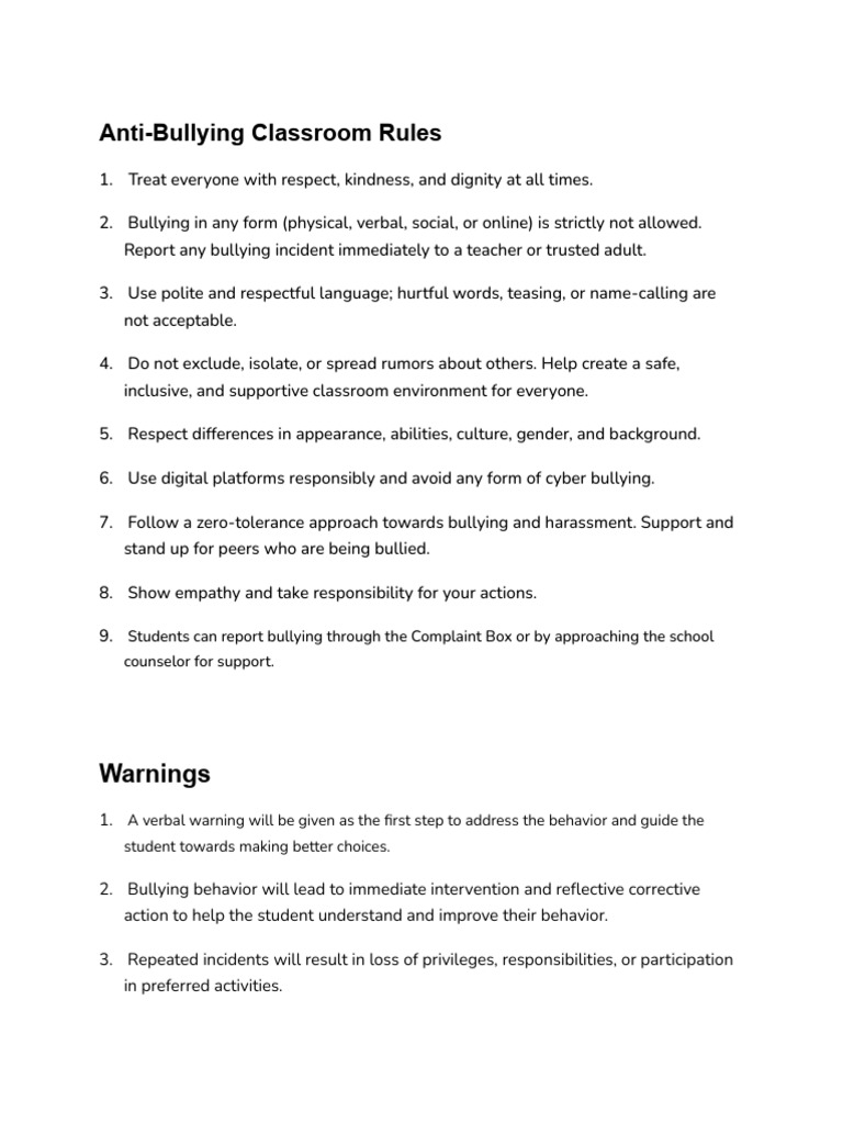 Anti-Bullying Classroom Rules | PDF
