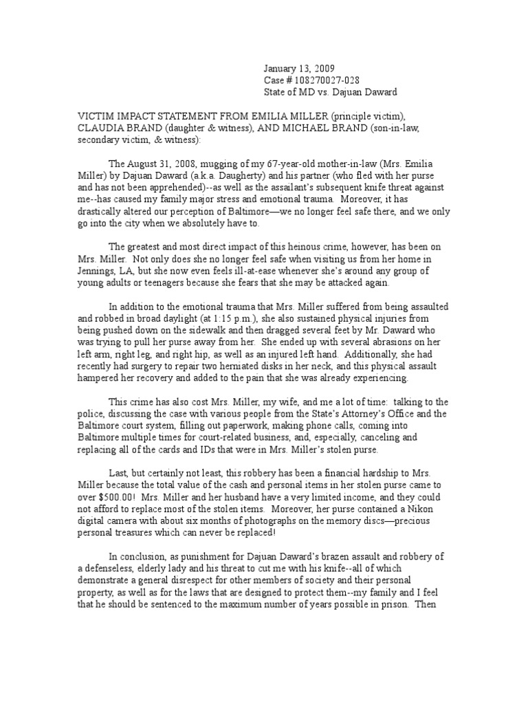 Victim Impact Statement (Michael's Version) | PDF | Robbery | Criminology