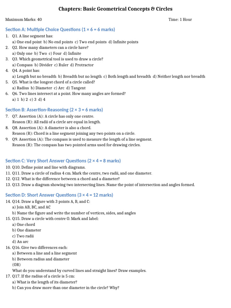Class 6 Math Test Geometry Circles | PDF | Circle | Radius