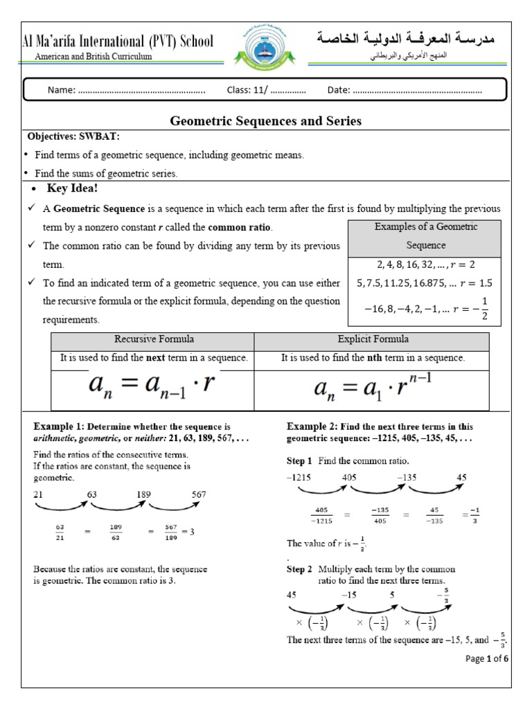 geometric sequences and series handout | PDF | Mean | Mathematical Concepts