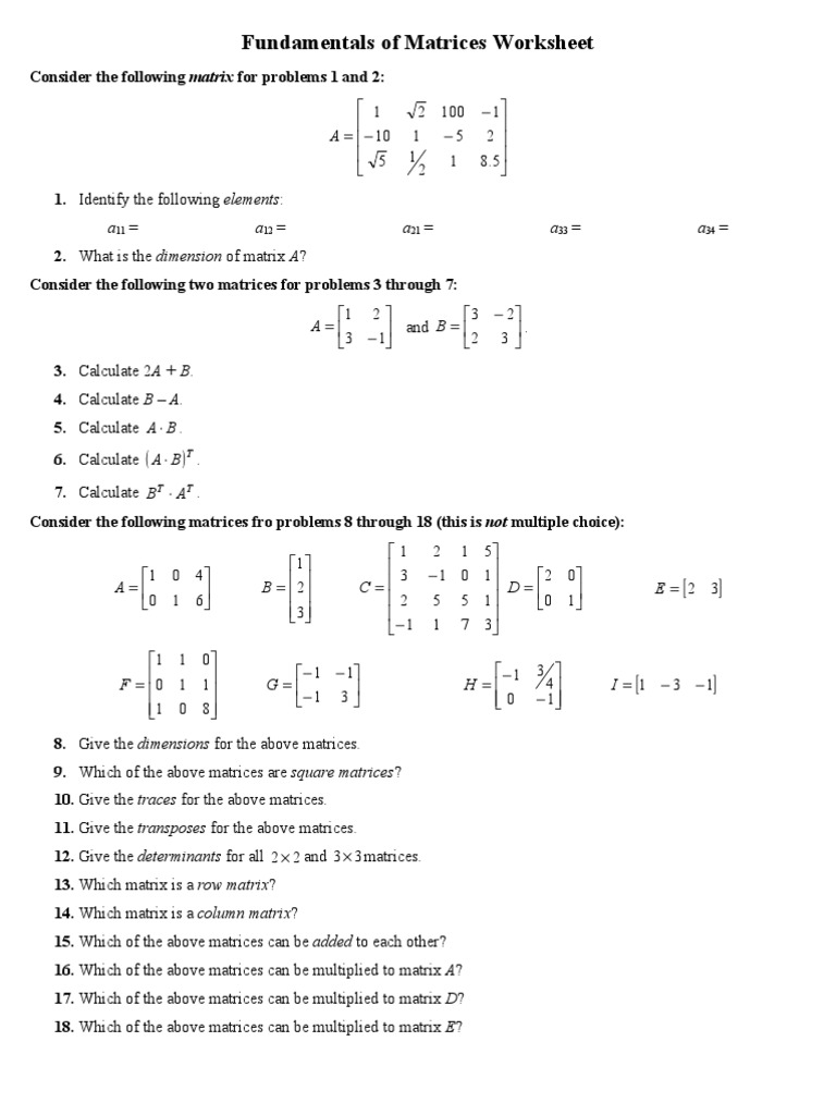 Matrix Fundamentals Worksheet | PDF | Matrix (Mathematics) | Multiplication