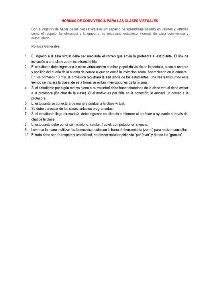 Normas de Convivencia para Las Clases Virtuales | PDF