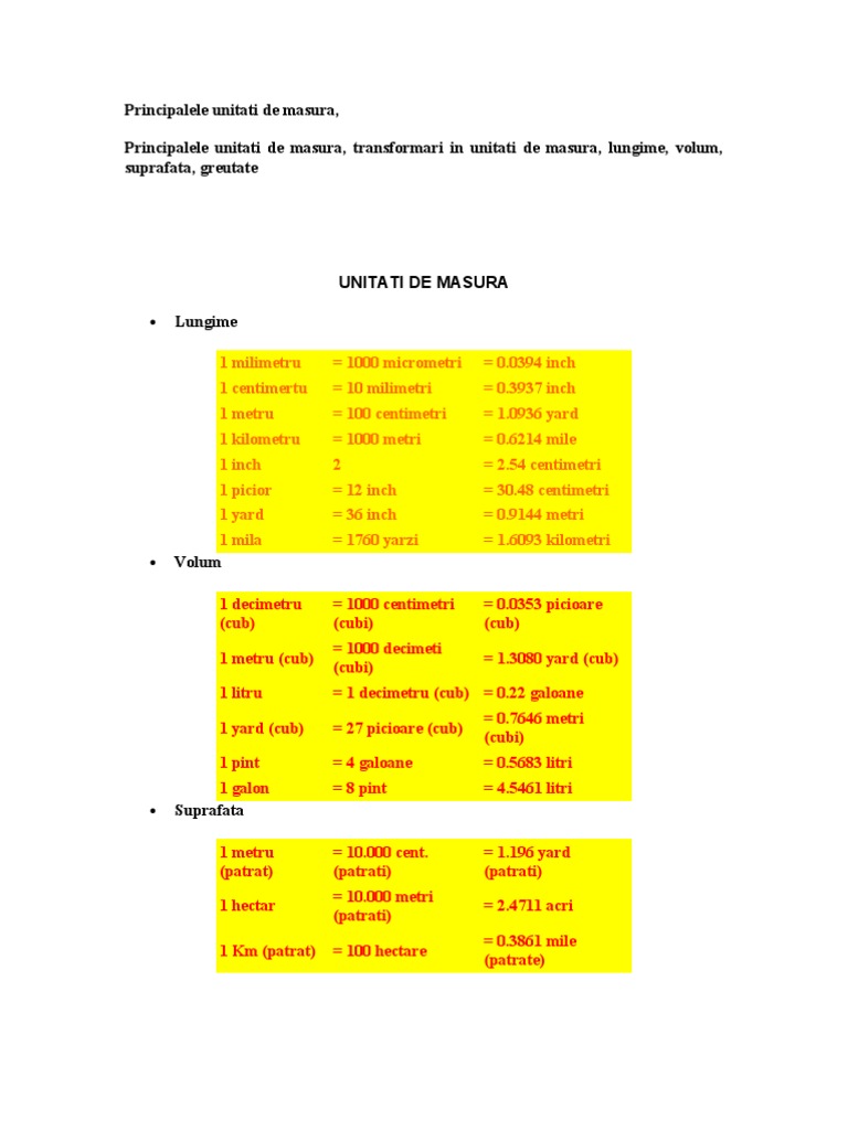 Tabel Transformări Unități de Măsură | PDF
