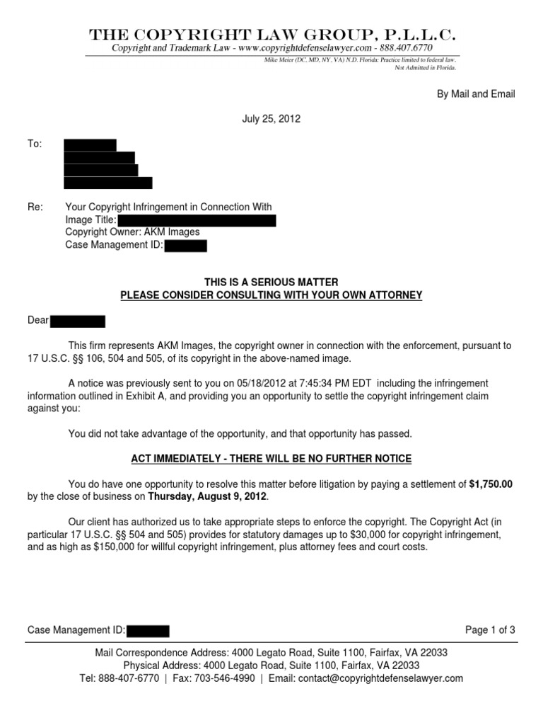 Copyright Law Group Settlement Demand Letter (Attorney Mike Meier ...