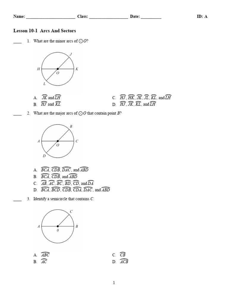Lesson 10-1 Arcs And Sectors | PDF | Area | Pi