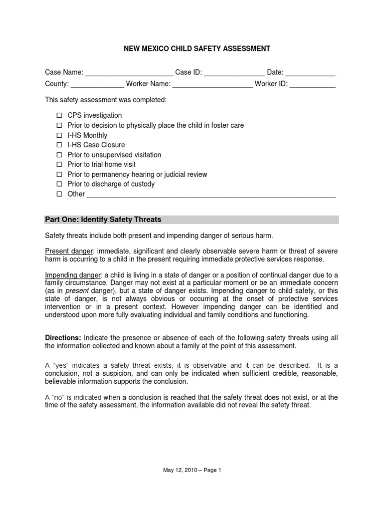 New Mexico CYFD - Safety Assessment - Rev 2010 | PDF | Caregiver ...