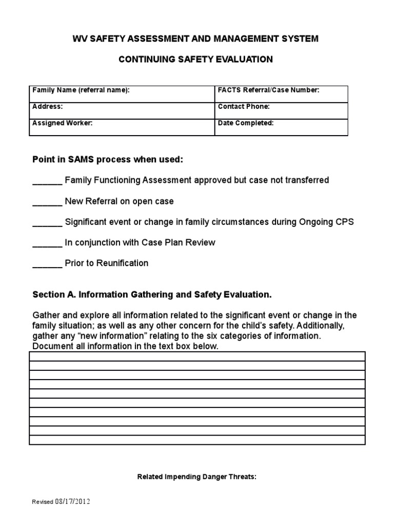 West Virginia CPS - Continuing Safety Evaluation - Rev 2012 | Caregiver ...