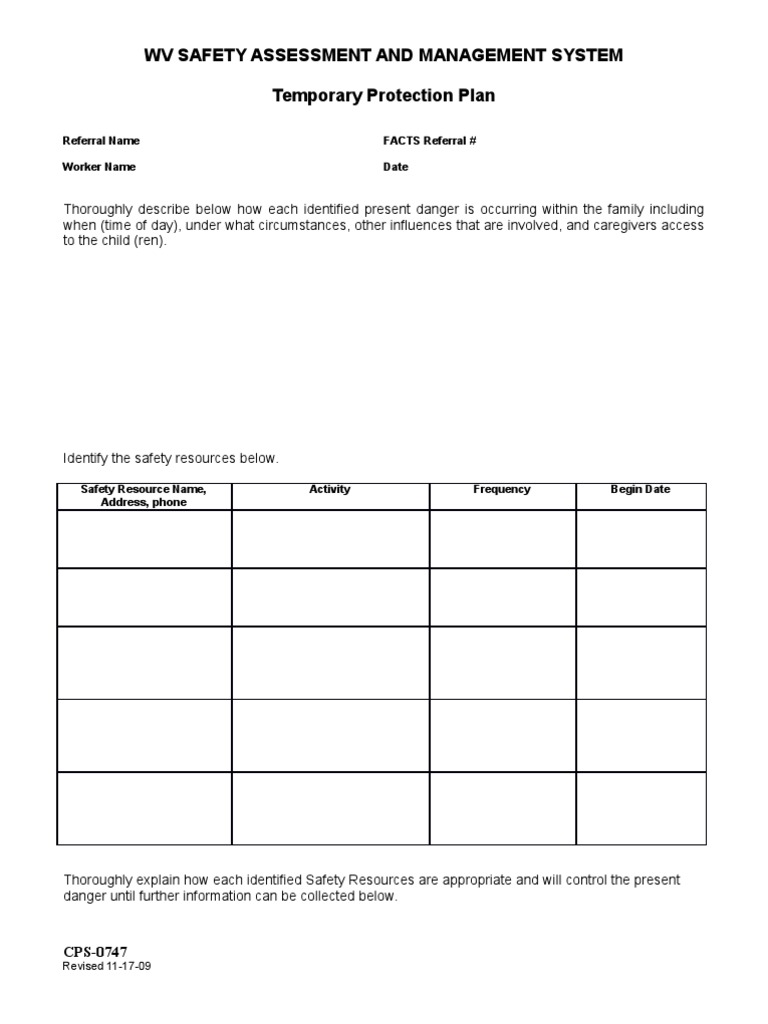 West Virginia CPS - Temporary Protection Plan - CPS-0747 Rev 2009 | PDF ...