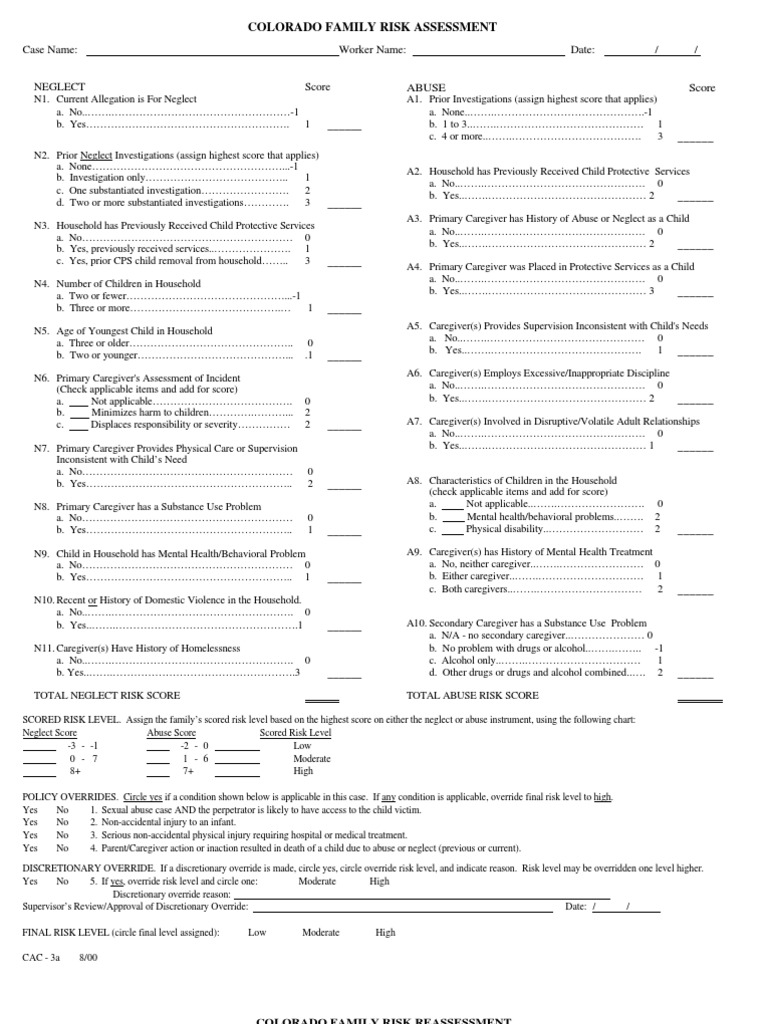 Colorado CPS - Family Risk Assessment Form | PDF | Child Neglect ...