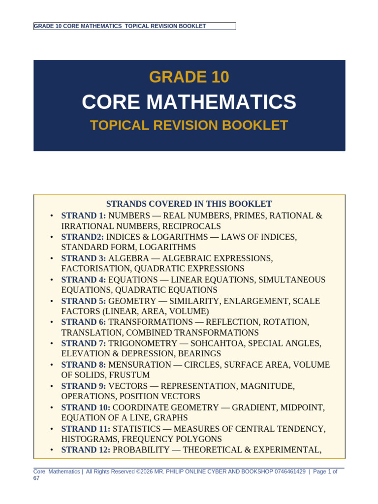 Grade 10 Core Mathematics Topical Revision Booklet | PDF | Quadratic ...