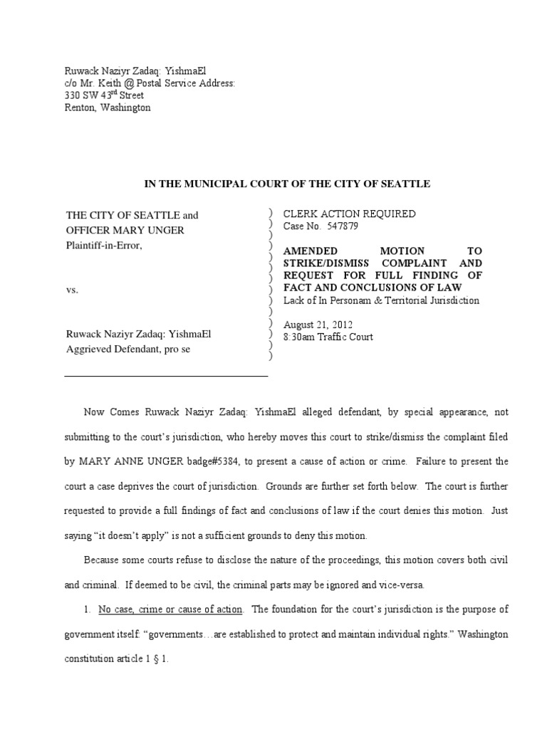 Amend To Memorandum - Motion - Dismiss - Washington | PDF | Burden Of ...