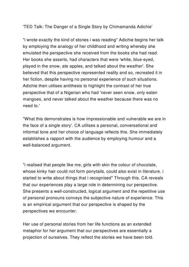 The Danger of a Single Story Explained | PDF | Argument | Cognitive Science
