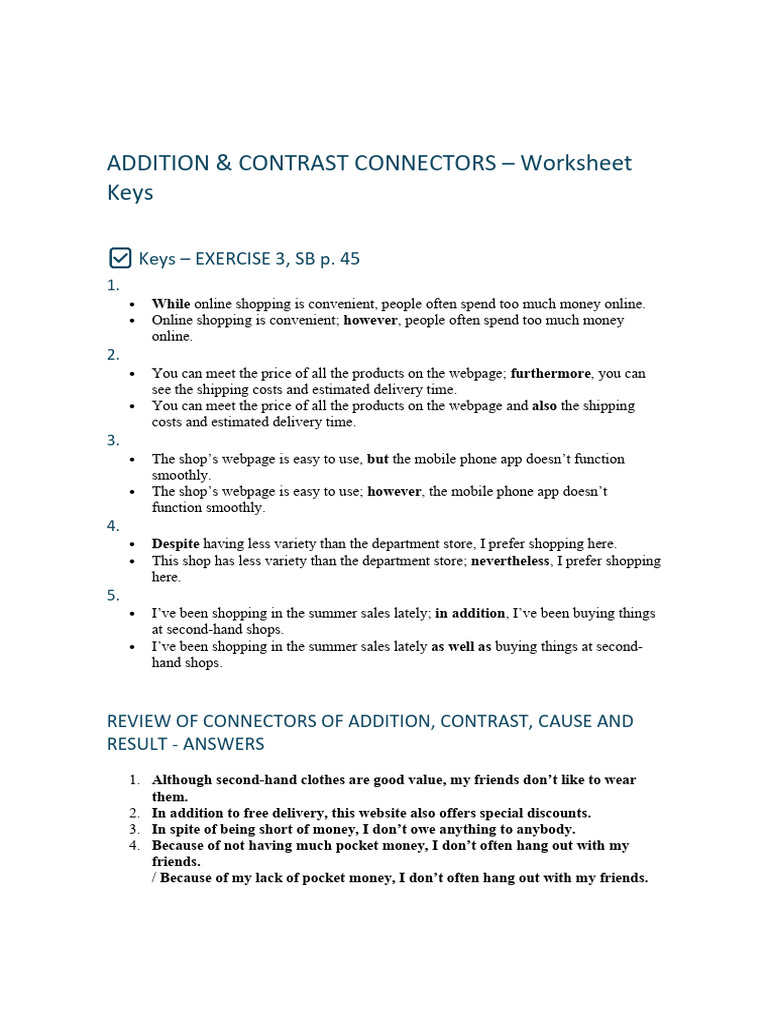 Addition and Contrast Connectors – Worksheet Keys | PDF | Online ...