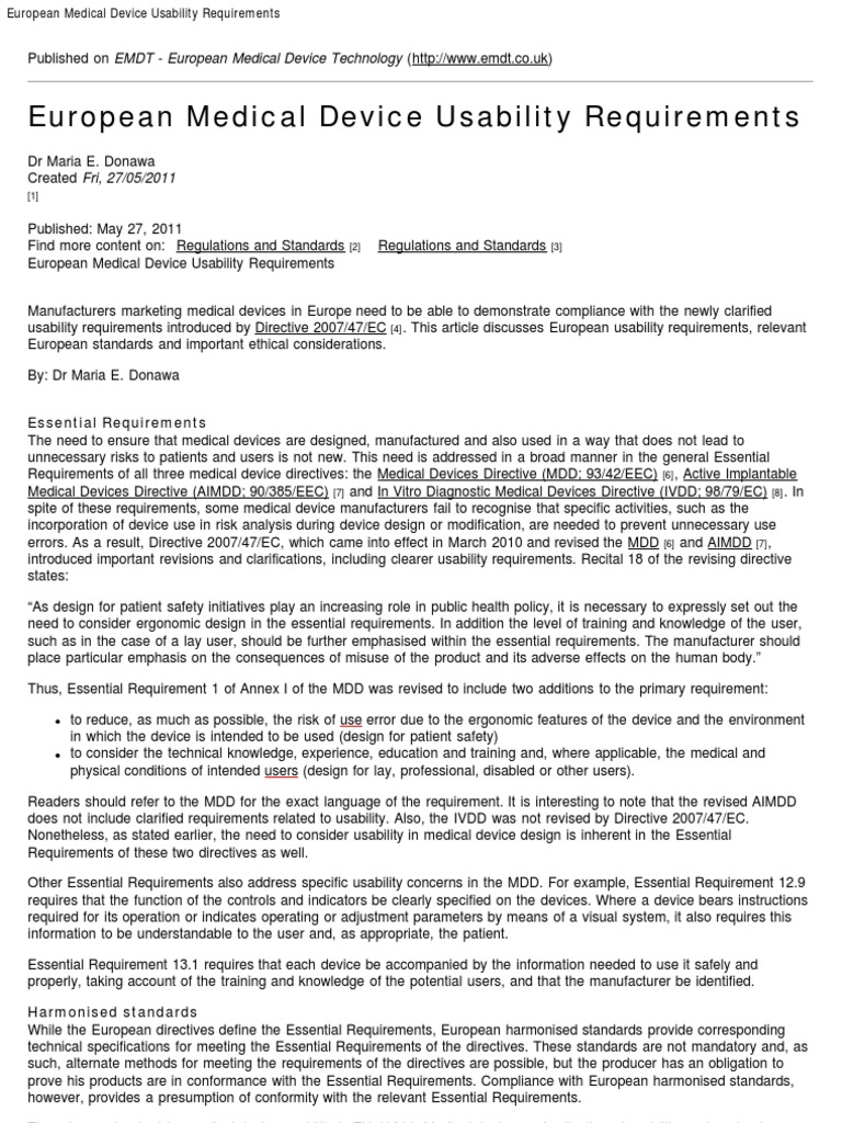European Medical Device Usability Requirements | PDF | Medical Device ...