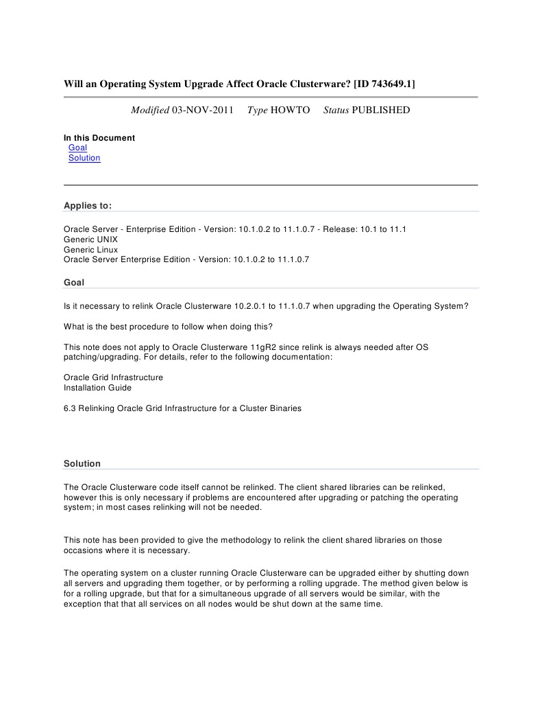 Will An Operating System Upgrade Affect Oracle Clusterware Pdf Oracle Database Operating