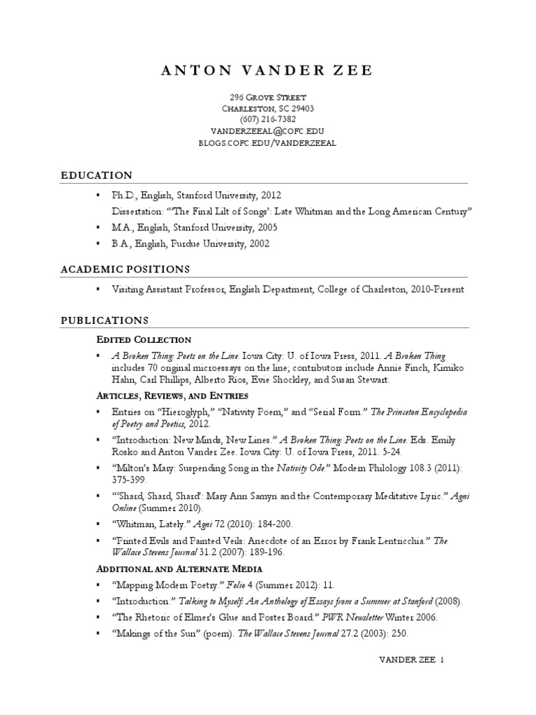 Anton Vander Zee, CV | PDF | Poetry | Novels