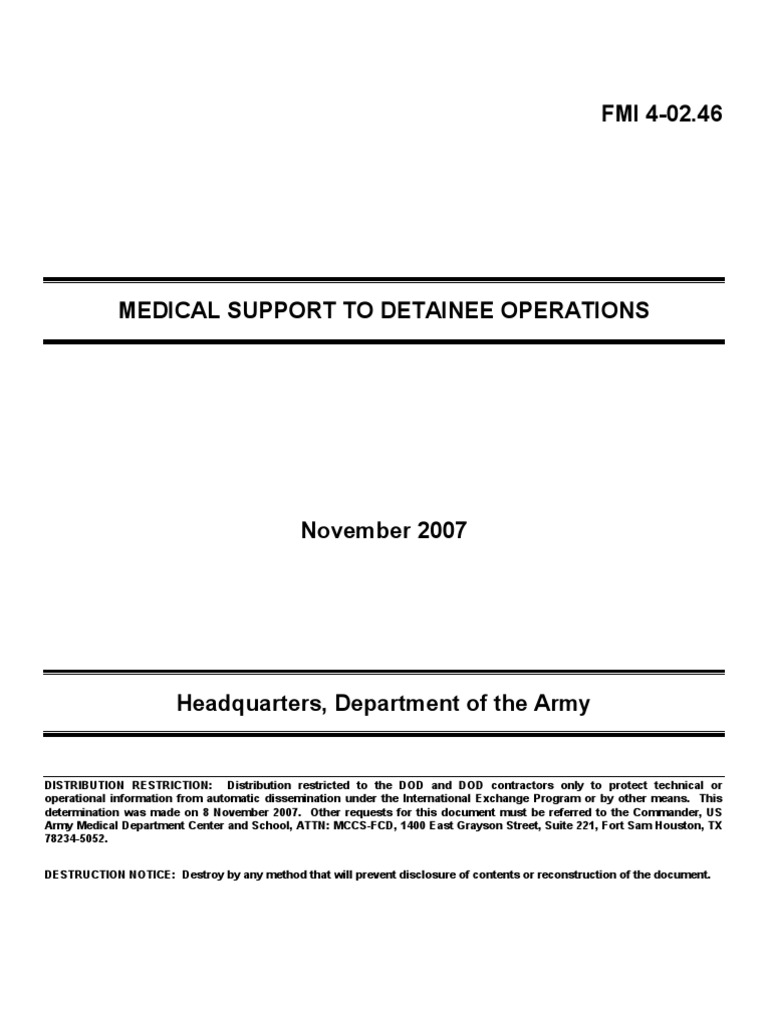 U.S. Army - FMI 4-02.46 - Medical Support To Detainee Operations Manual ...