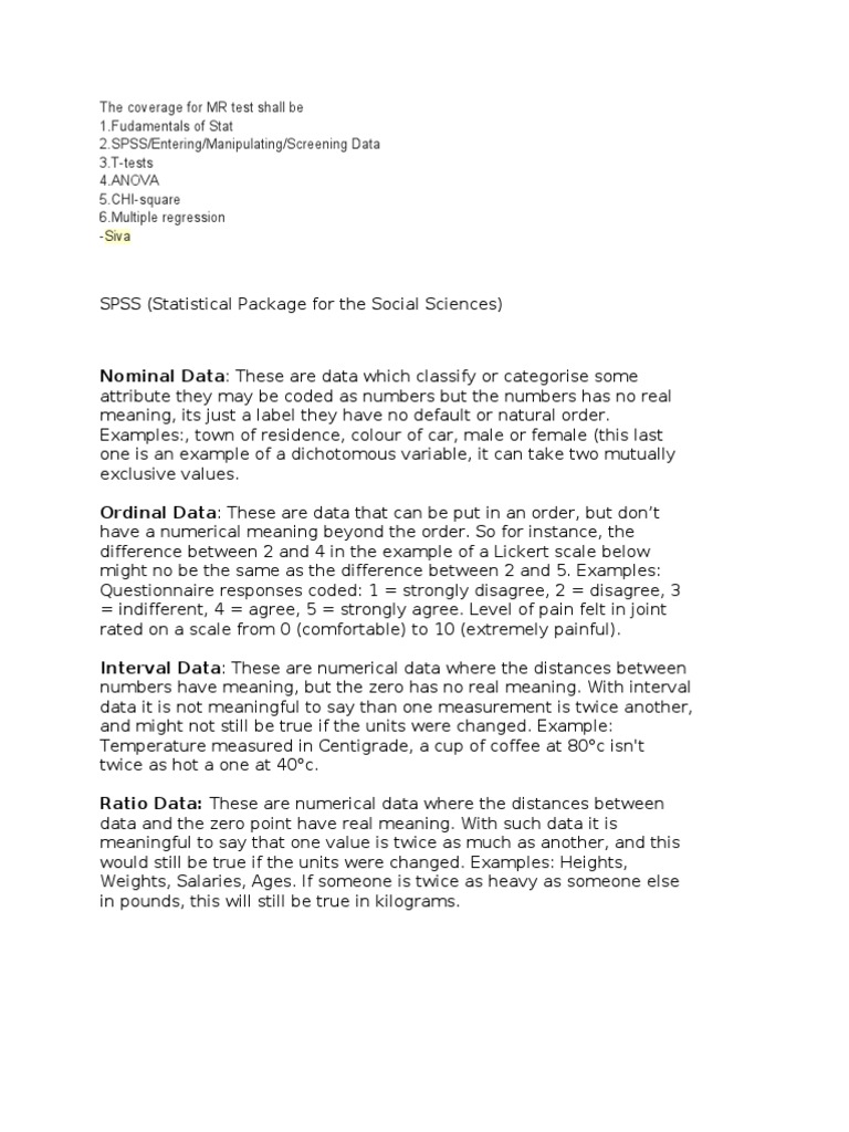 The Coverage For MR Test Shall Be 1.fudamentals of Stat 2.SPSS/Entering ...