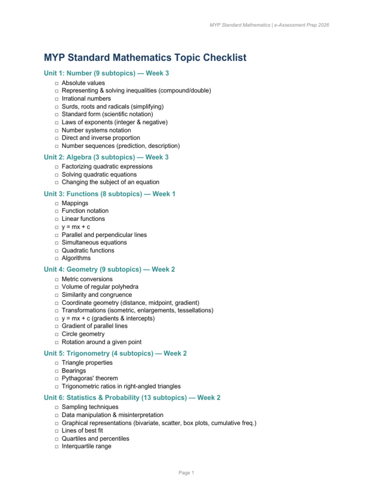 MYP Standard Maths Study Plan v2 | PDF