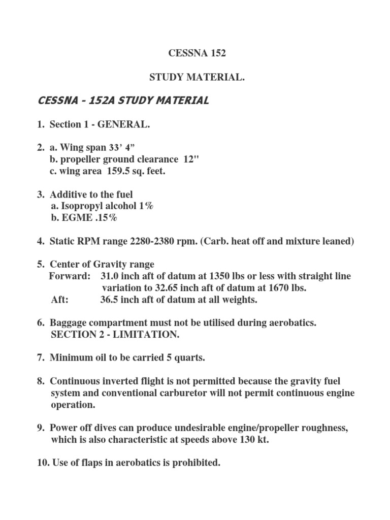 CESSNA 152A Study Material | PDF | Carburetor | Landing Gear