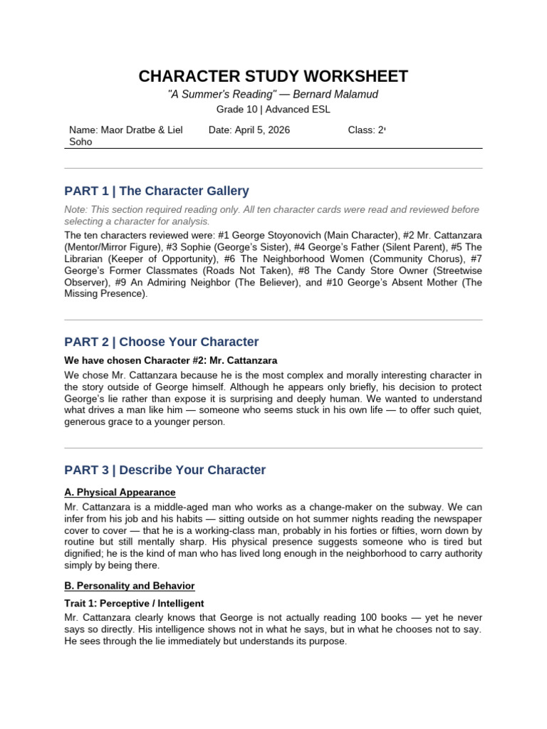 Character Study Worksheet | PDF