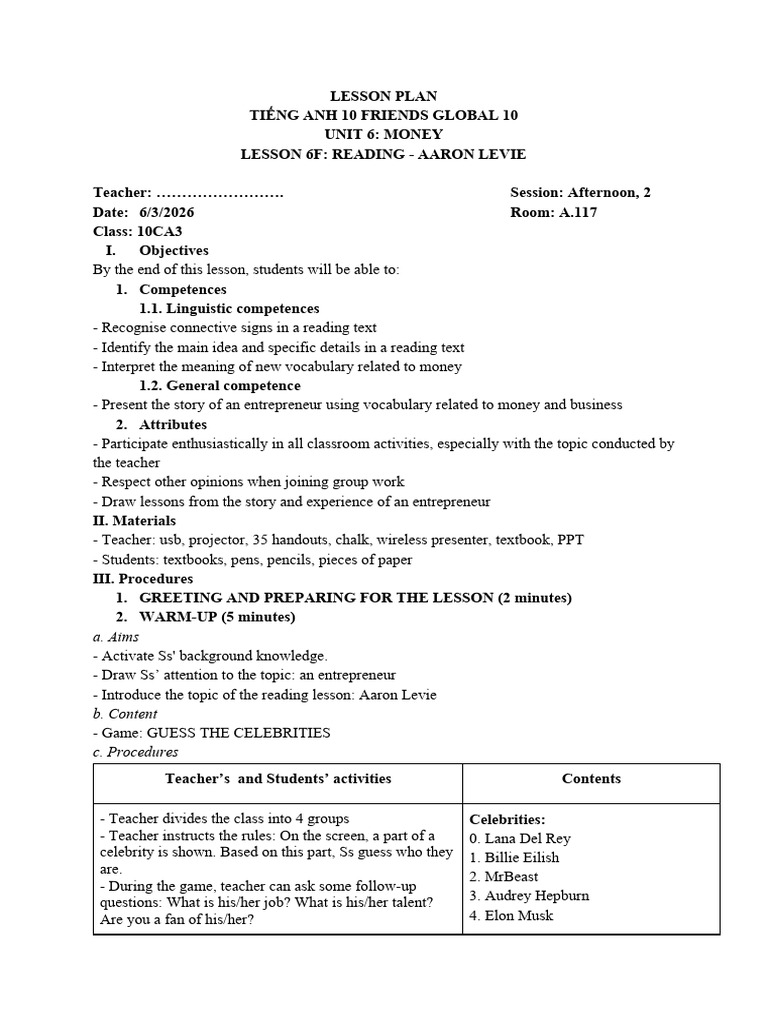 Lesson Plan 6f_ Reading (3) | PDF | Teachers | Reading Comprehension